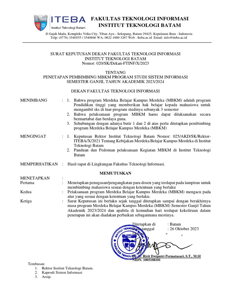 Pembimbing MBKM Fakultas TI ITEBA 2023 | PDF