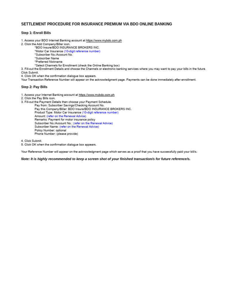 Settlement Procedure For Insurance Premium Via Bdo Online Banking | PDF