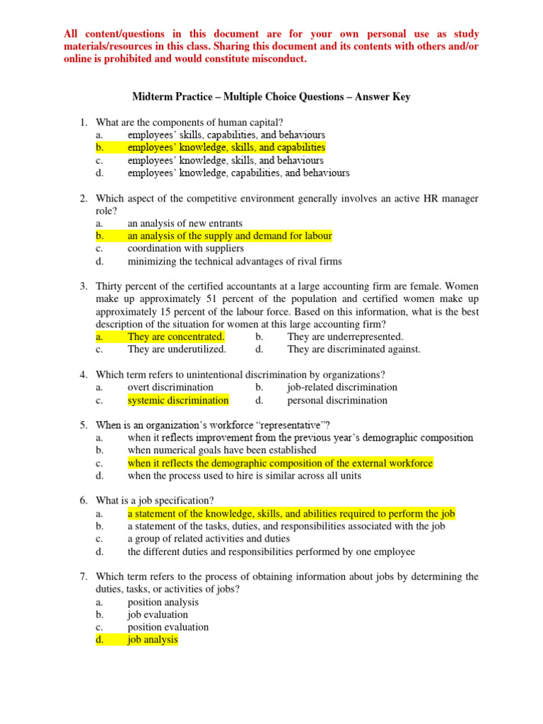 Midterm Practice Question Set - MCQ - AnswerKey | PDF