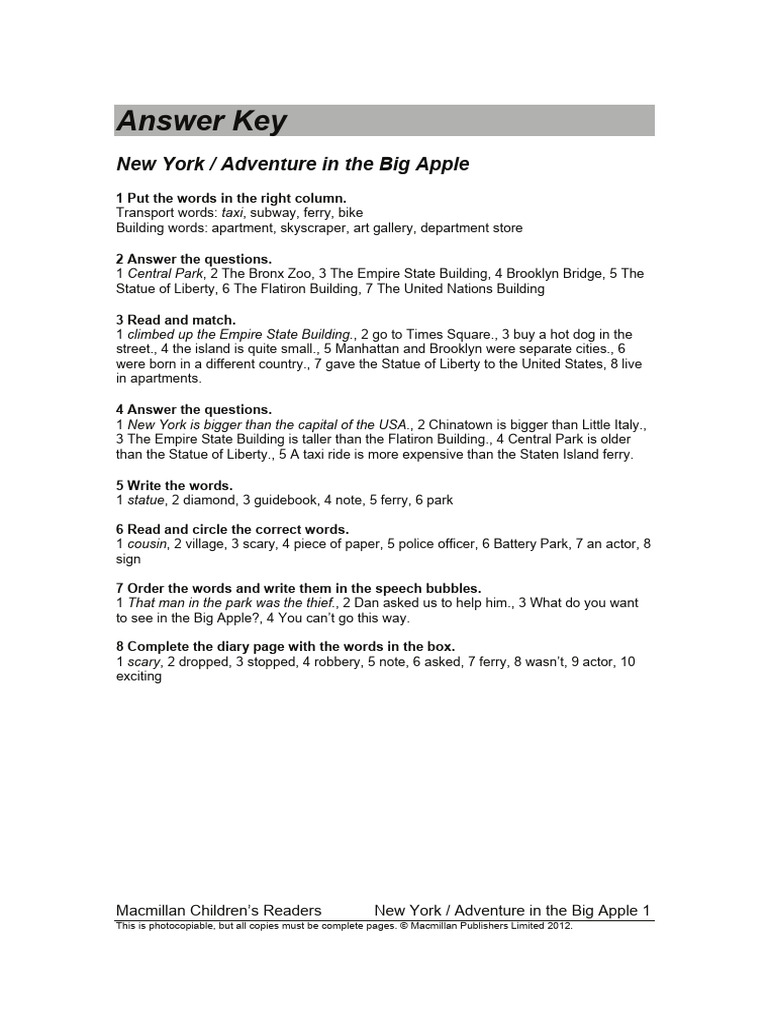 New York Adventure in The Big Apple Answer Key | PDF