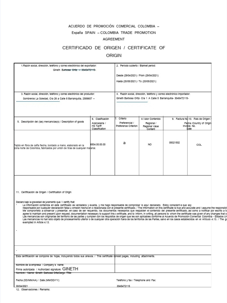 PDF Modelo Certificado Origen TLC Colombia Estados Unidos | Descargar gratis PDF | El comercio ...