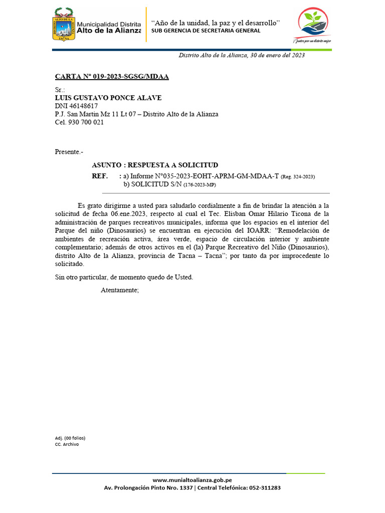 CARTA #019-2023-SGSG-MDAA - Respuesta A Solicitud Luis Ponce | PDF