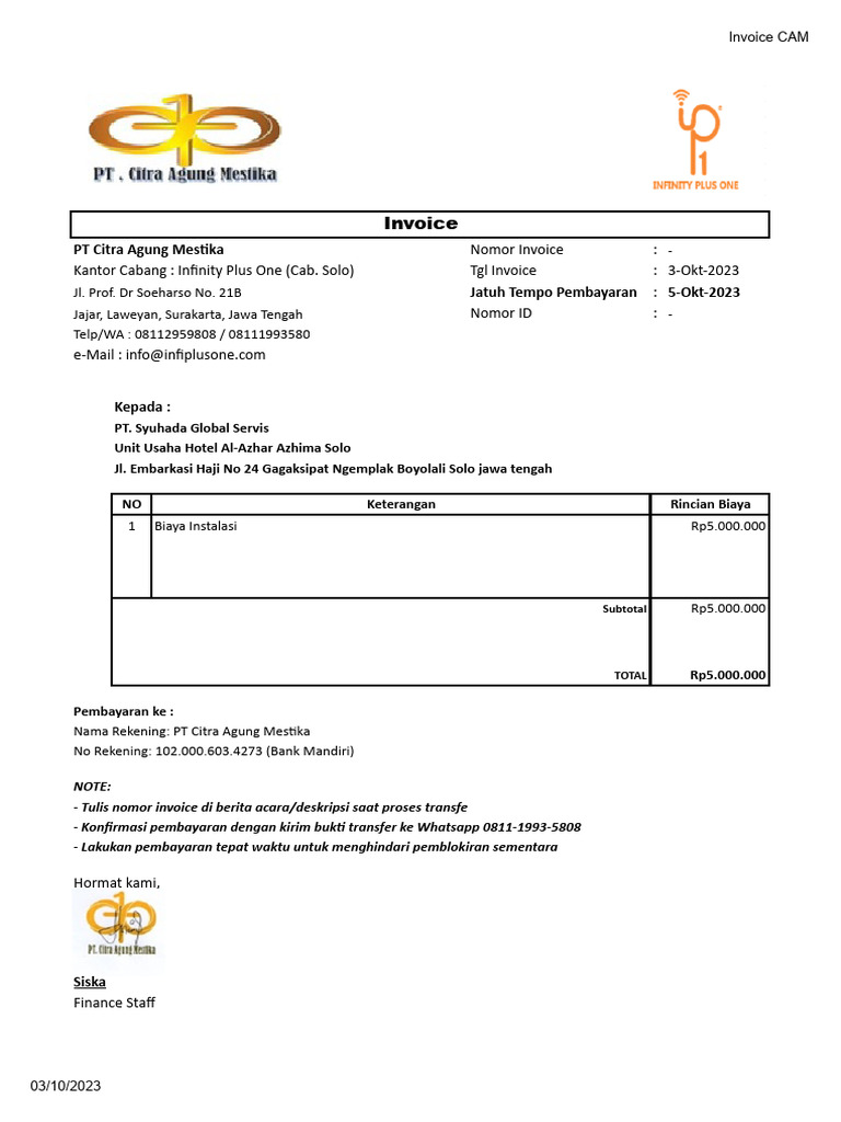 PT. Syuhada Global Servis (Hotel Al-Azhar Azhima Solo) - Biaya ...