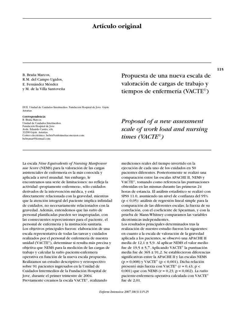 Nueva escala VACTE para cargas de trabajo | PDF | Enfermería ...