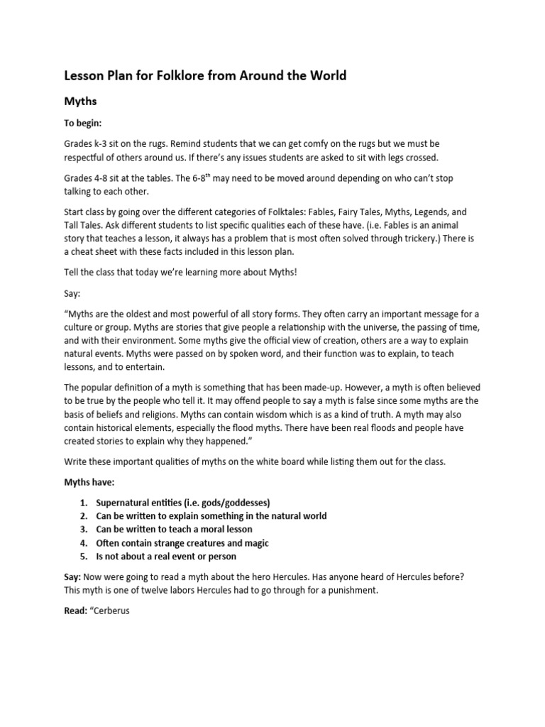 Myths Lesson Plan For Folklore From Around The World | PDF | Hades ...