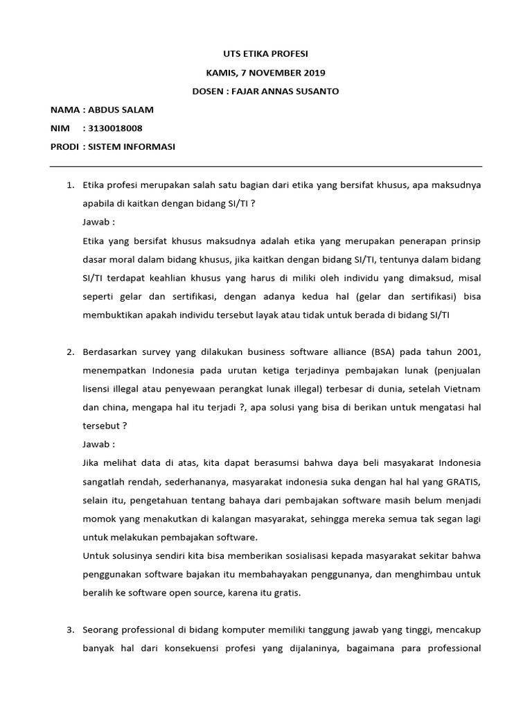 Contoh Soal UTS Etika Profesi Sistem Inf | PDF