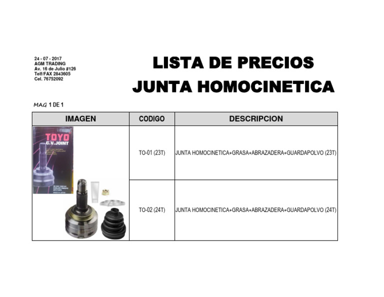 Junta Homocinética AGM Trading | PDF