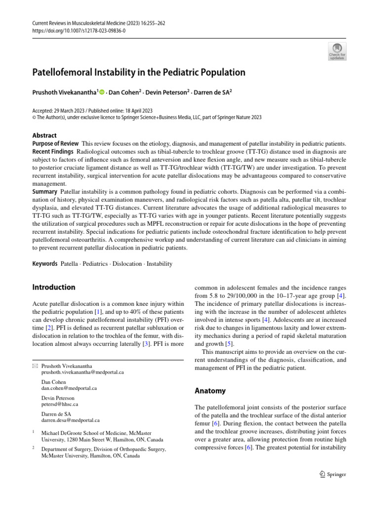 2023 - Patellofemoral Instability in The Pediatric Population | PDF ...