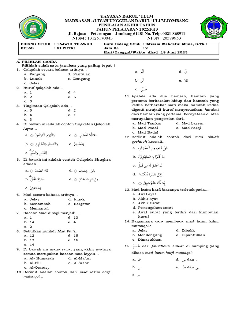 Soal Pat Tajwid Xi Ibtisam - 103819 | PDF