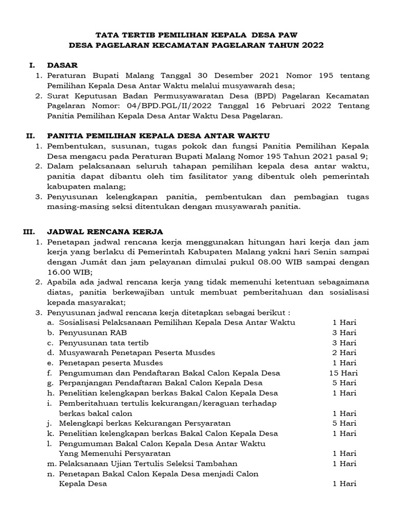 TATA TERTIB PEMILIHAN KEPALA DESA PAW TH 2022 (Revisi) | PDF