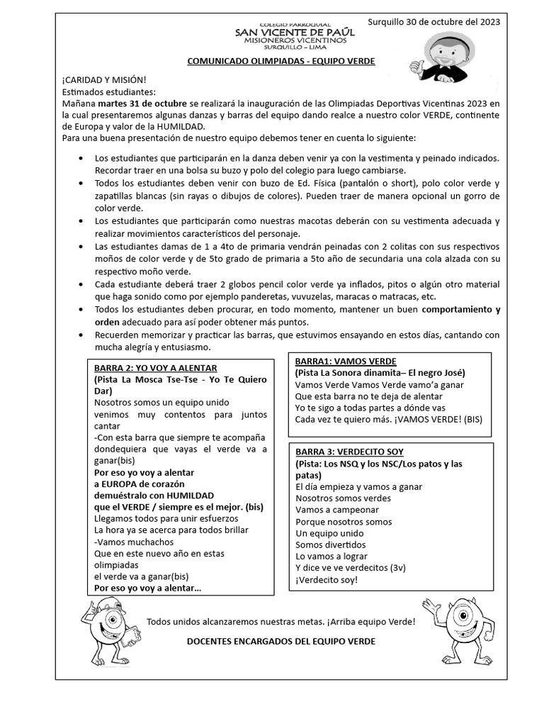 Comunicado Inauguración Olimpiadas 2023 | PDF