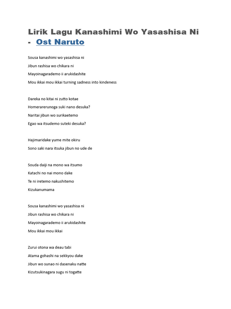 Lirik Lagu Kanashimi Wo Yasashisa Ni | PDF