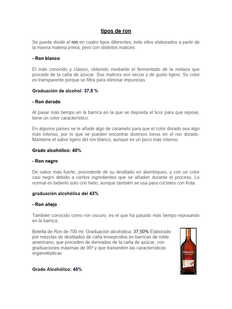 Tipos de ron: blanco, dorado, negro y añejo | PDF | Ron | Bebidas ...