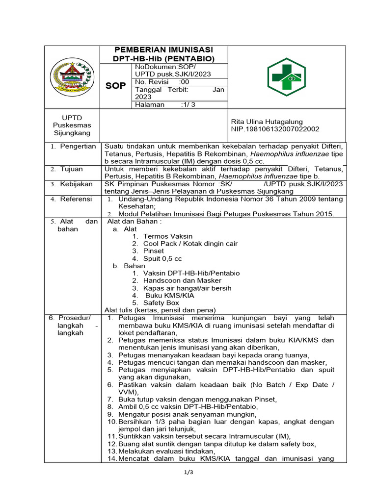 SOP Imunisasi DPT-HB-Hib (Pentabio) | PDF | Kesehatan Holistik