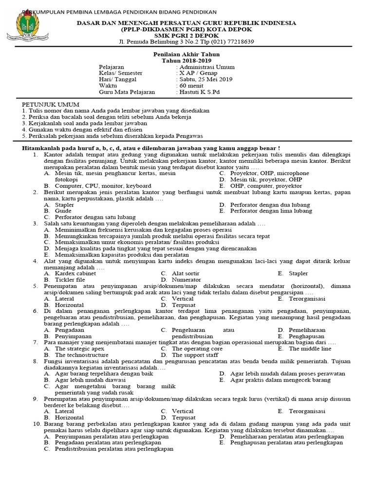 ADM UMUM Bu Hastuti KLS X.AP PAT 18-19 | PDF | Seni