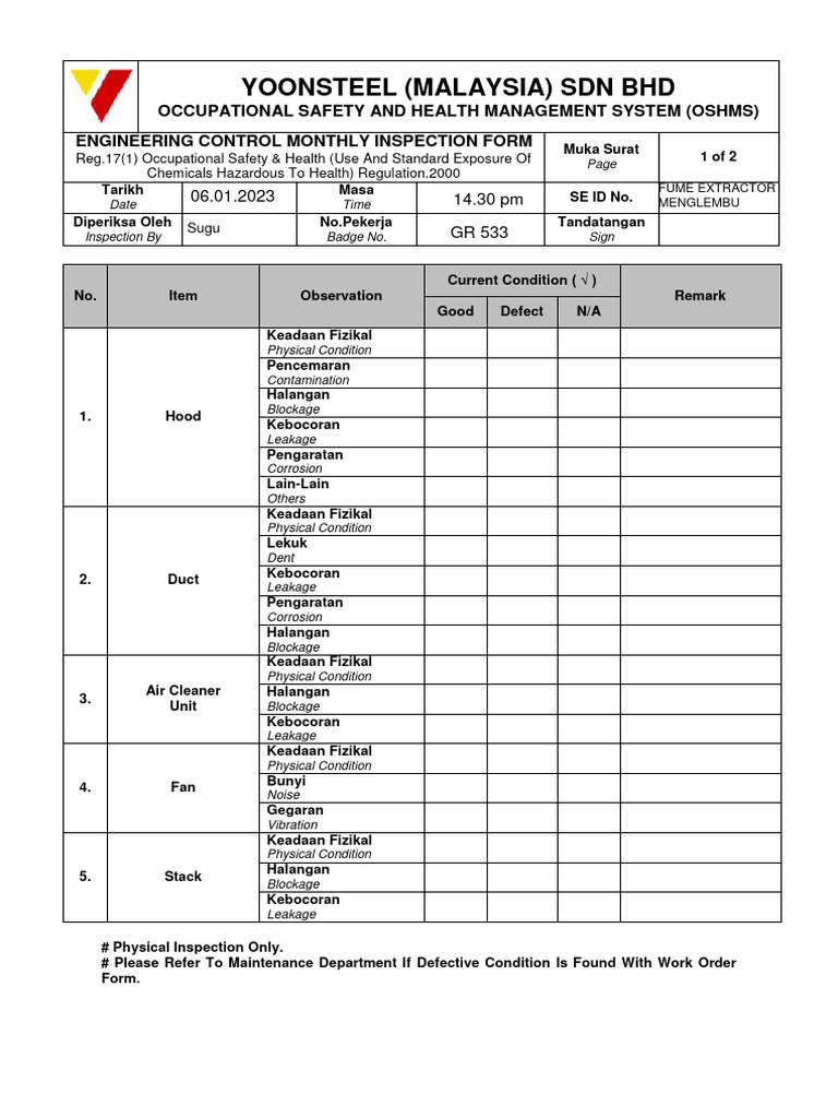 Fume Extractor Checklist | PDF