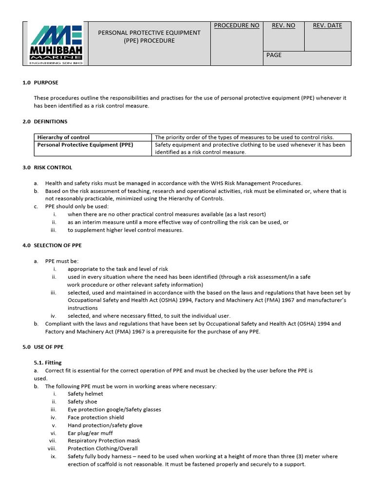 PPE Use and Management Procedure | PDF | Personal Protective Equipment ...