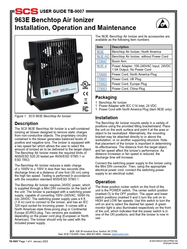 963E Benchtop Air Ionizer User Guide | PDF | Electrostatic Discharge ...
