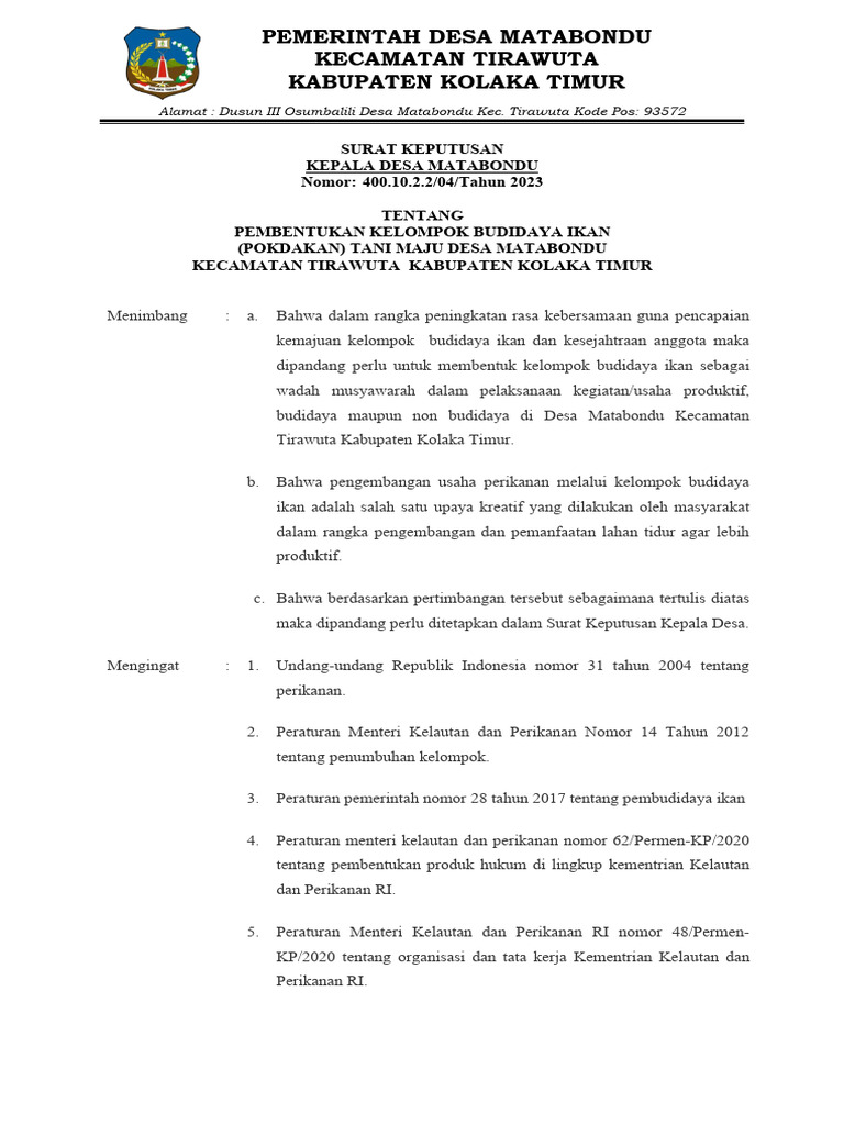 SK Kelompok Perikanan Desa Matabondu | PDF