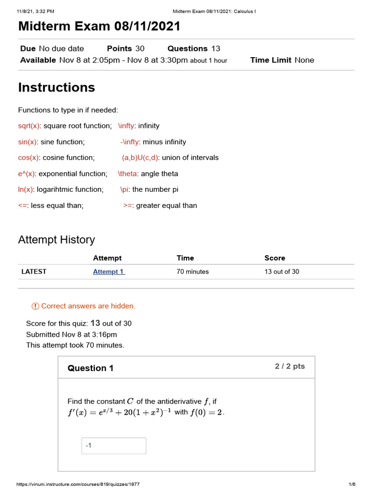 Midterm Exam 08 - 11 - 2021 - Calculus I | PDF | Mathematical Objects | Mathematical Analysis