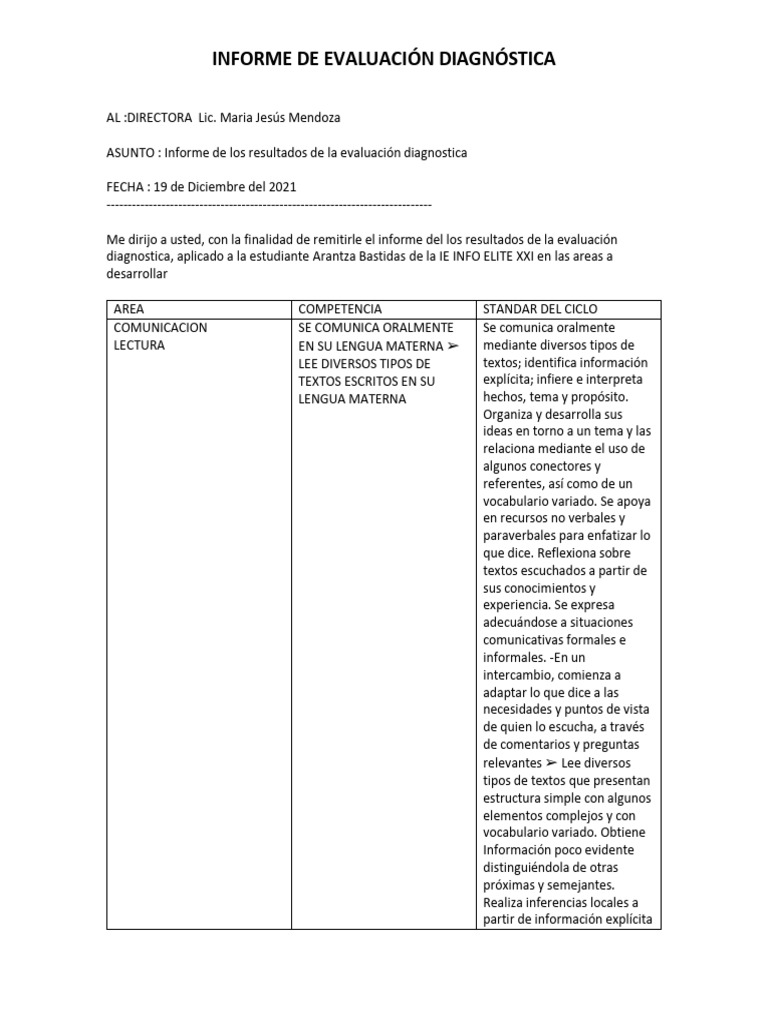 Informe de Evaluacion Diagnostica | PDF | Números | Evaluación