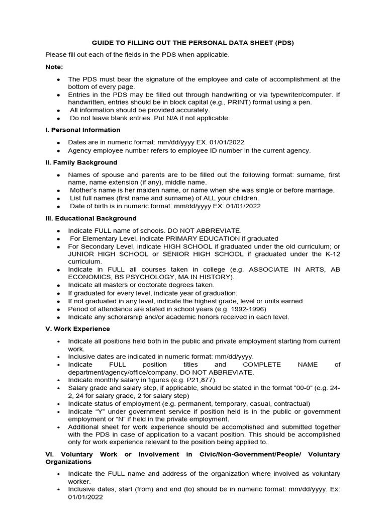 Guide To Filling Out The Personal Data Sheet | PDF Guide To Filling Out The Personal Data Sheet | PDF