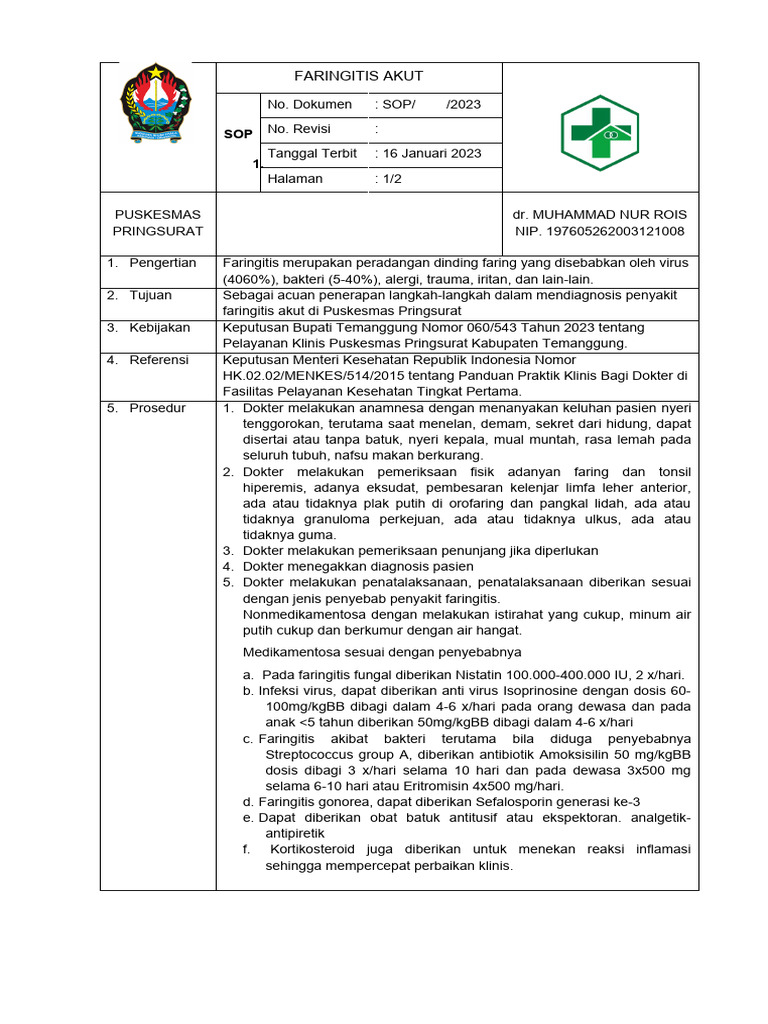 SOP Diagnosa Faringitis Akut Puskesmas | PDF