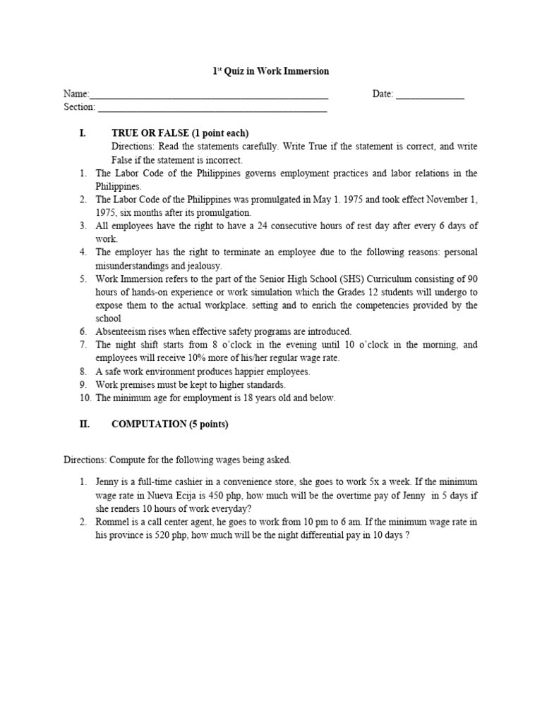 Work Immersion Quiz: True or False | PDF | Career & Growth | Business