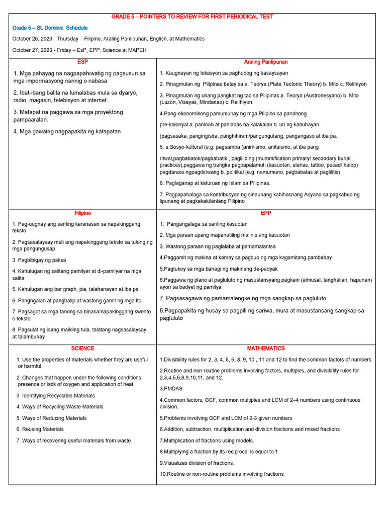 Q1 Pointers Grade 5 | PDF Q1 Pointers Grade 5 | PDF