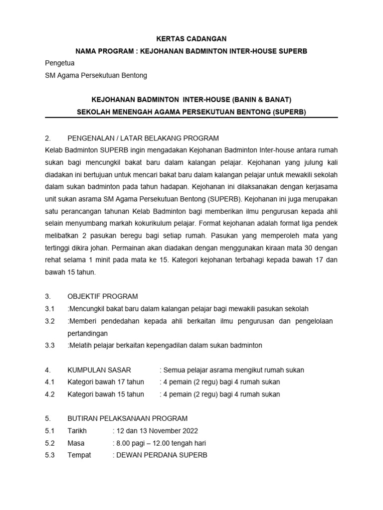 Kertas Cadangan Badminton Interhouse Superb 2022 | PDF