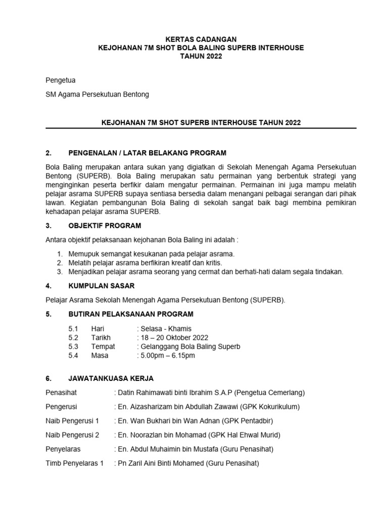Kertas Cadangan Bola Baling Interhouse Superb 2022 | PDF