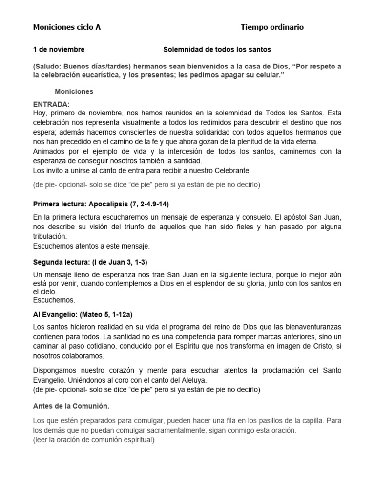 Moniciones para Solemnidad de Santos | PDF | Misa (liturgia) | eucaristía