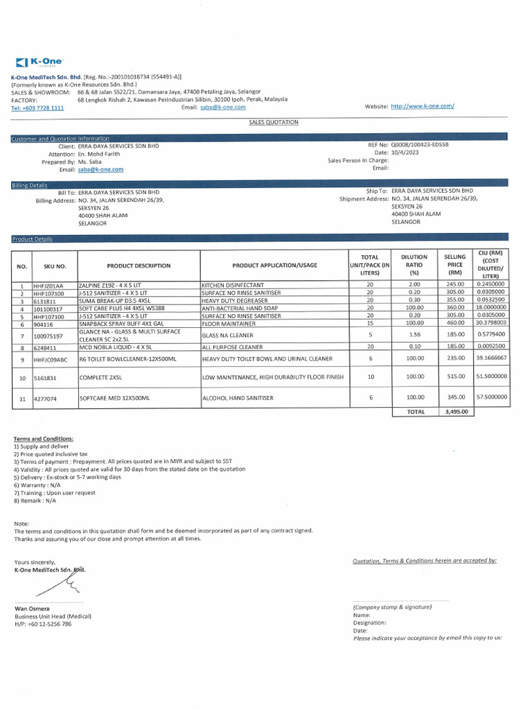 Chemical Quotation - K-One | PDF