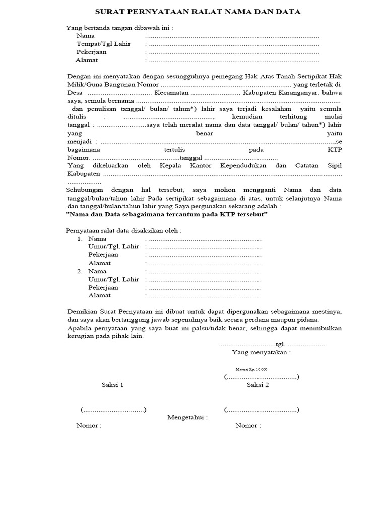 Surat Pernyataan Ralat Data Nama | PDF