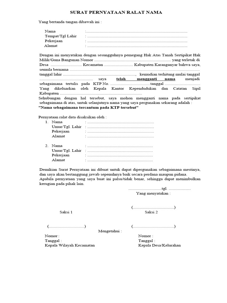 Surat Pernyataan Ralat Nama | PDF | Griya & Taman