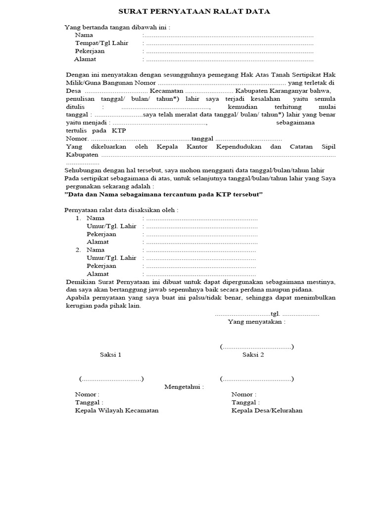 Surat Pernyataan Ralat Data | PDF