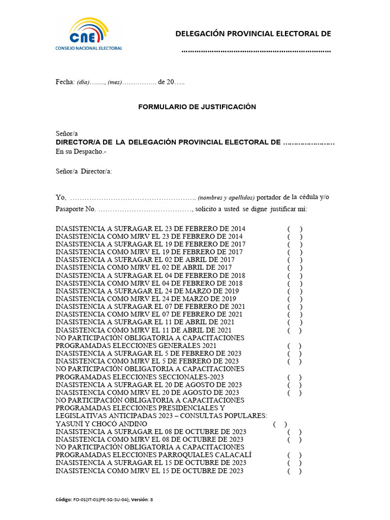 Formulario de Justificaciones Del CNE. | PDF