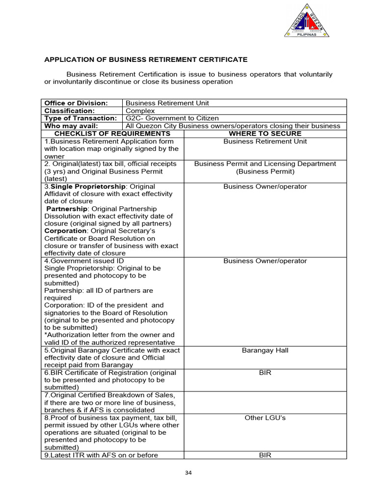 Application of Business Retirement Certificate | PDF
