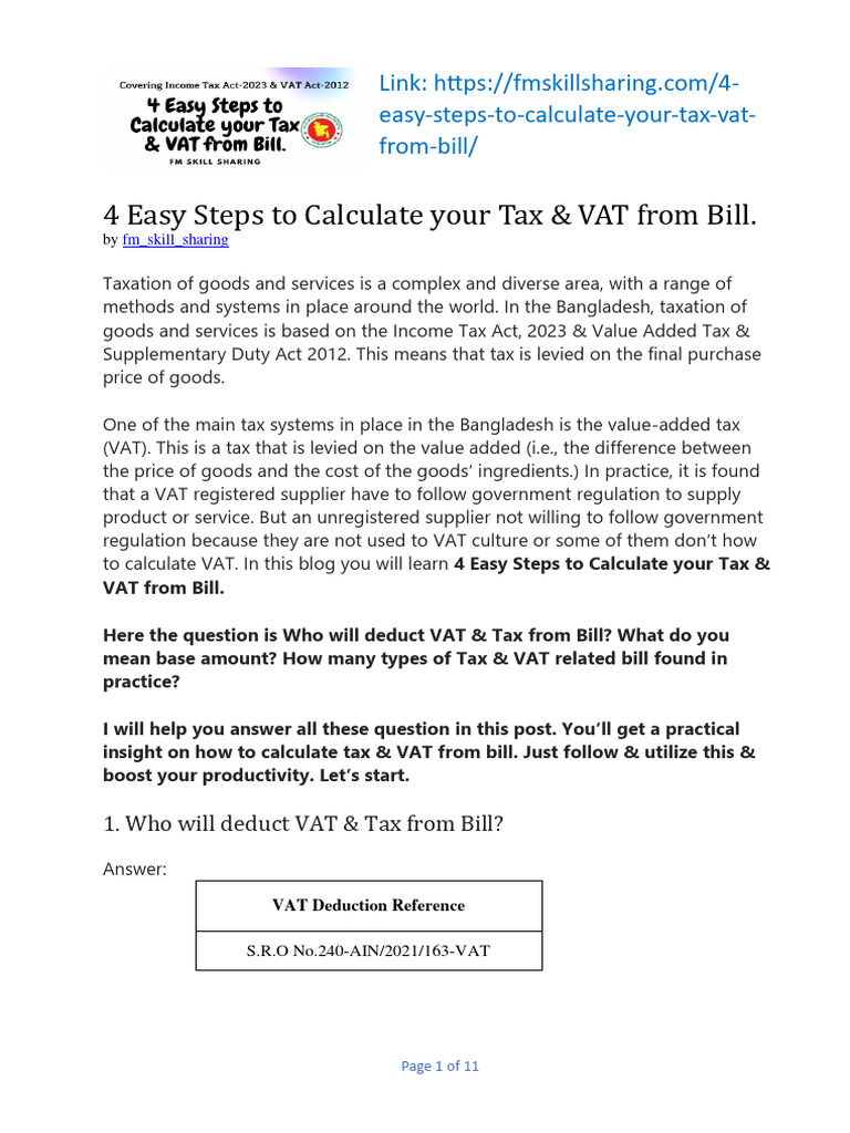 How To Calculate Tax VAT On Bill & Base Amount Explanation | PDF