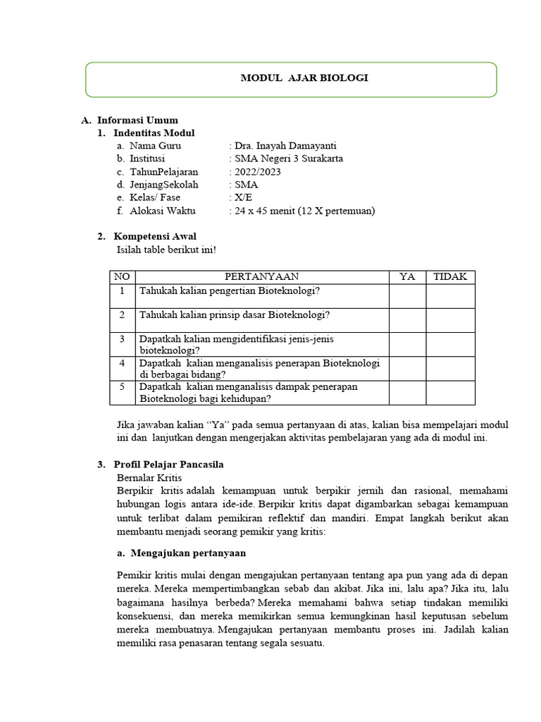 E2 Modul Ajar Bio BIOTEKNOLOGI Inayah D | PDF