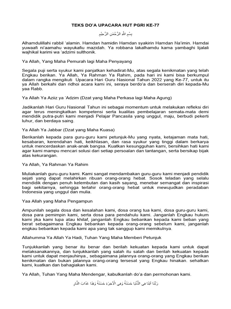 Do'a Upacara Hut Pgri | PDF