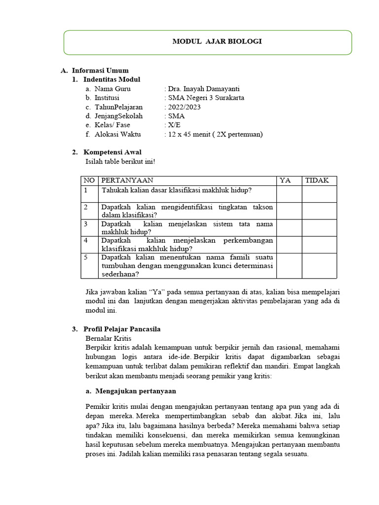 E1 Modul Ajar Bio-KLASIFIKASI MAKHLUK HIDUP | PDF