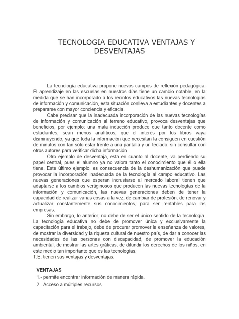 Ventajas y Desventajas de La Tegnologia en La Educacion | PDF