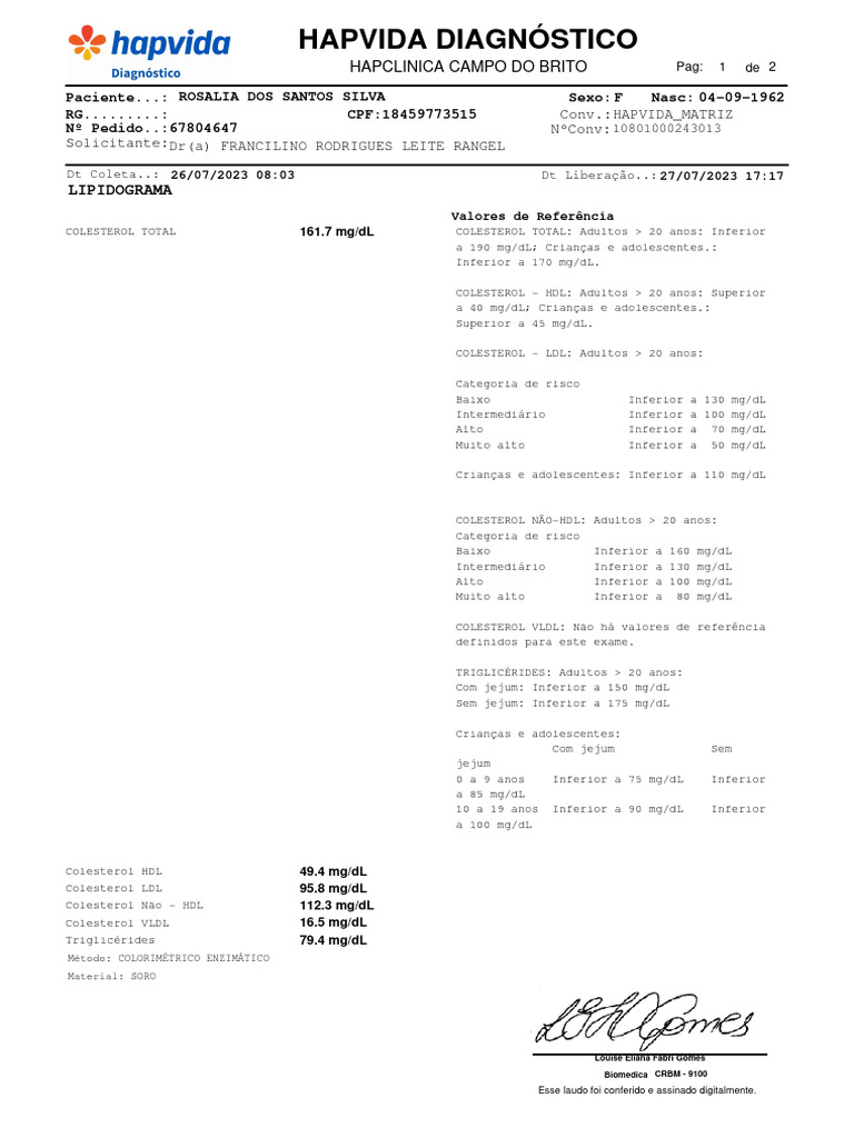 Hapvida Diagnóstico: Lipidograma | PDF