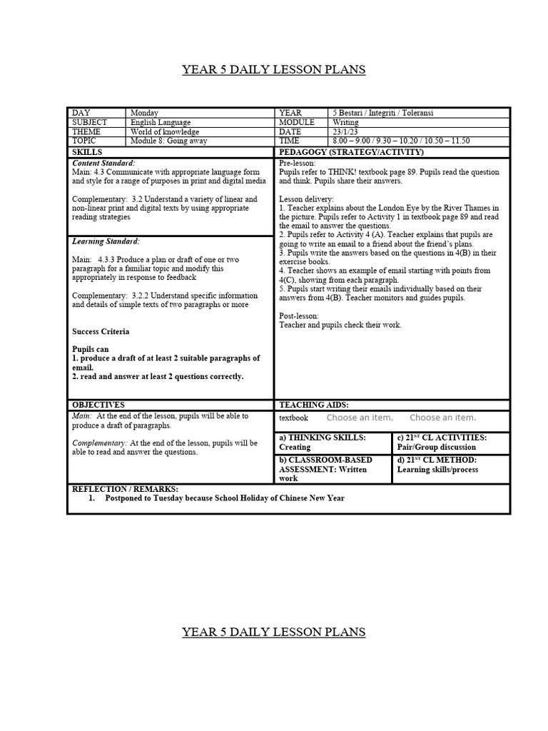 Year 5 Daily Lesson Plans | PDF