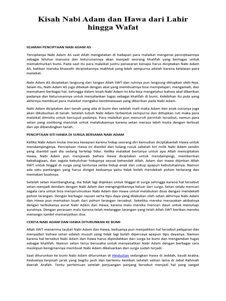 Kisah Nabi Adam Dan Hawa Dari Lahir Hingga Wafat | PDF | Agama ...