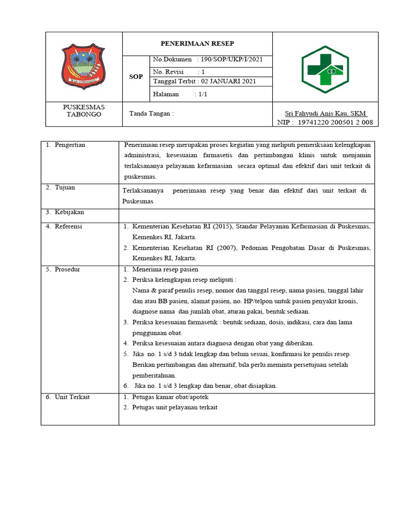 Sop Penerimaan Resep | PDF