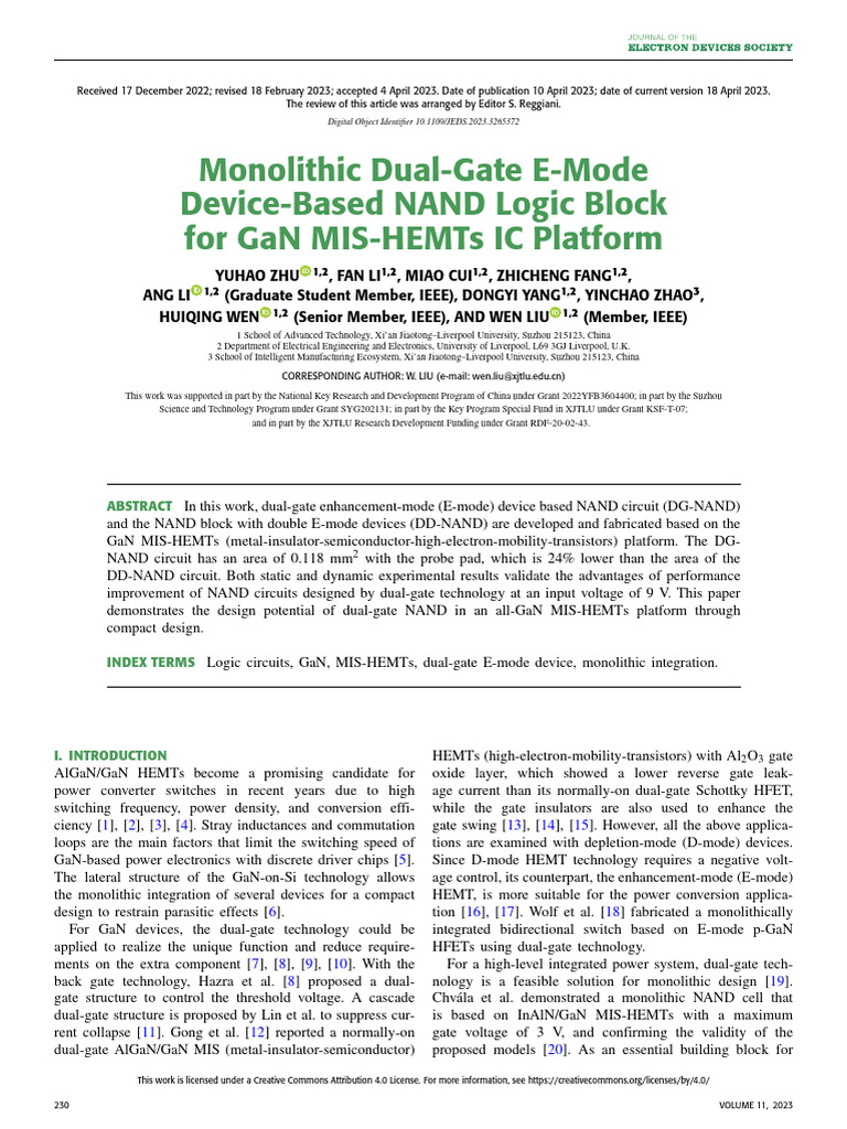 Monolithic Dual-Gate E-Mode Device-Based NAND Logic Block For GaN MIS-HEMTs IC Platform | PDF