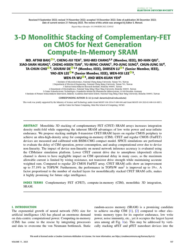 3-D Monolithic Stacking of Complementary-FET On CMOS For Next Generation Compute-In-Memory SRAM ...