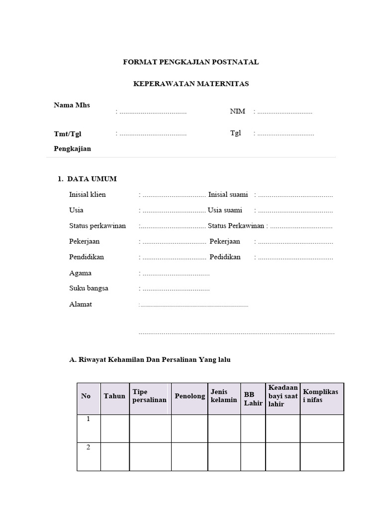 Form Pengkajian Post Partum, BBL, Kespro | PDF